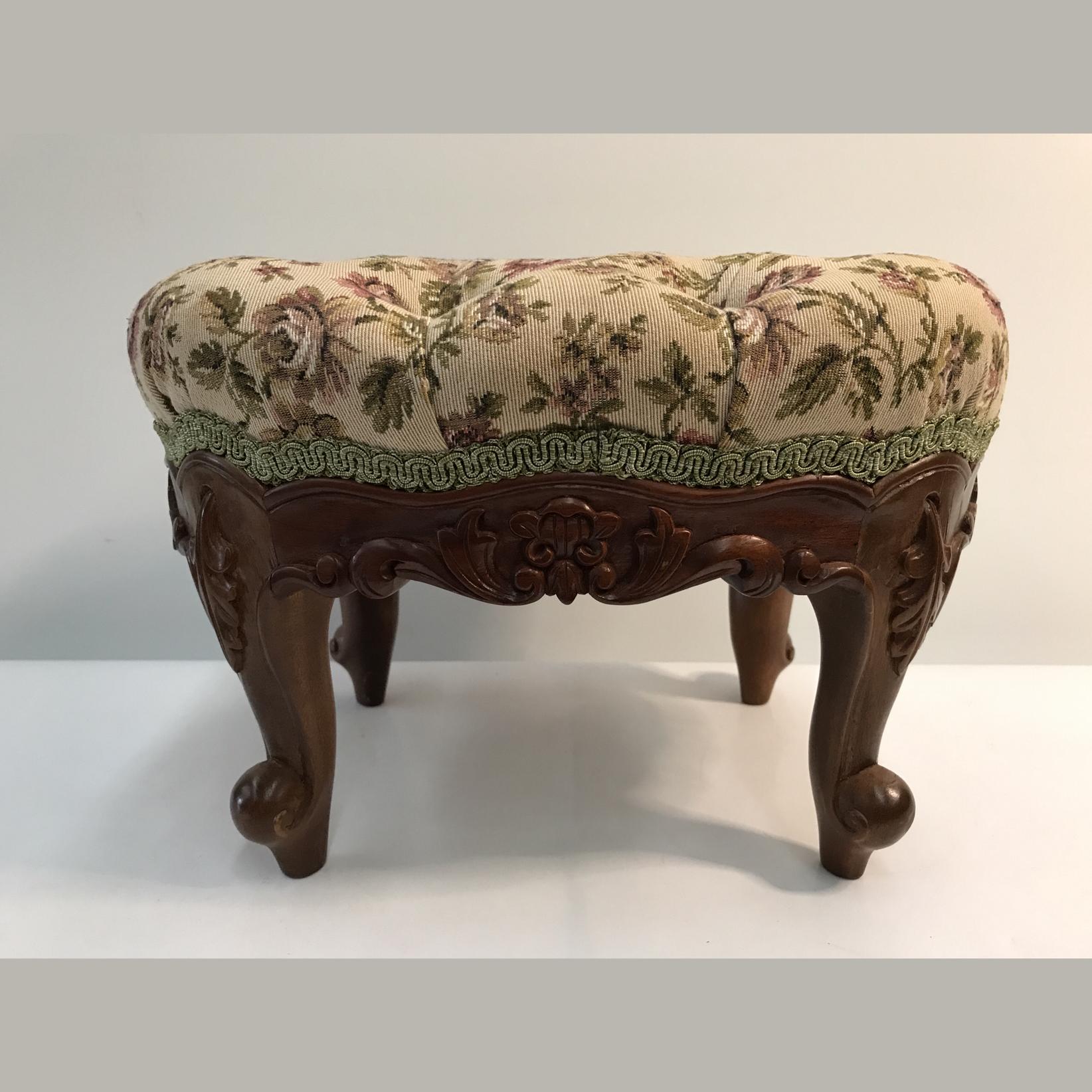 Vintage Victorian Style Wooden Footstool With Floral Upholstery | AFC